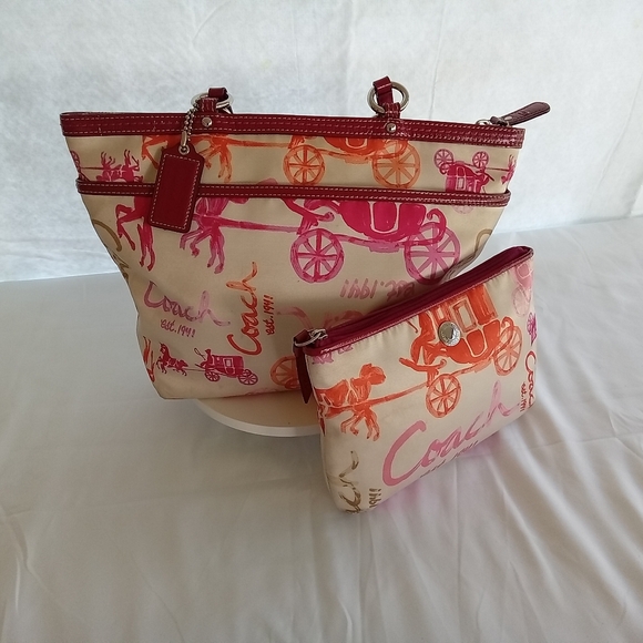 Coach | Bags | Coach Pink And Cream Womens Tote And Pouch Set | Poshmark